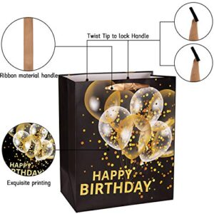 Whaline 10 Pack Birthday Gift Bag, Black Gold Party Favor Bags with Ribbon Handle and 24 Sheets Tissue Paper, Happy Birthday Treat Goodie Bags for Birthday Baby Shower Party Supplies (5 Sizes)