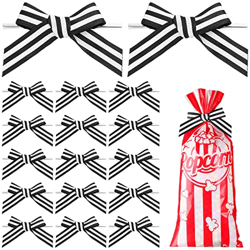 120 Pieces Twist Tie Bows Satin Ribbon Bows Tie Bows for Tying up Packages Present Crafts Gift Bags Candy Bags Decorating (Black and White Stripe)