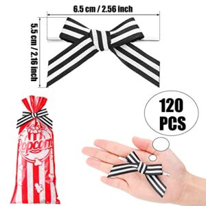 120 Pieces Twist Tie Bows Satin Ribbon Bows Tie Bows for Tying up Packages Present Crafts Gift Bags Candy Bags Decorating (Black and White Stripe)