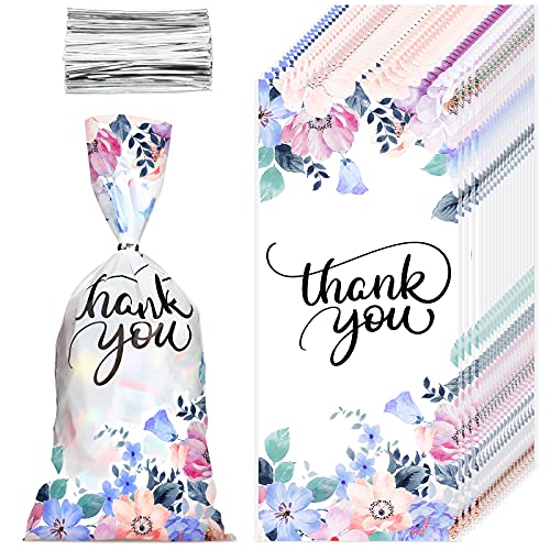 100 Pieces Floral Thank You Treat Bags Floral Cellophane Bags Blessing Candy Bag Flower Pattern Cello Treat Bags with 150 Pieces Silvery Twist Ties for Chocolate Candy Snacks Cookies Birthday Party