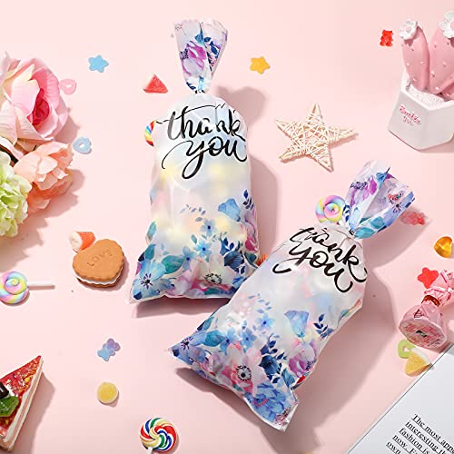 100 Pieces Floral Thank You Treat Bags Floral Cellophane Bags Blessing Candy Bag Flower Pattern Cello Treat Bags with 150 Pieces Silvery Twist Ties for Chocolate Candy Snacks Cookies Birthday Party