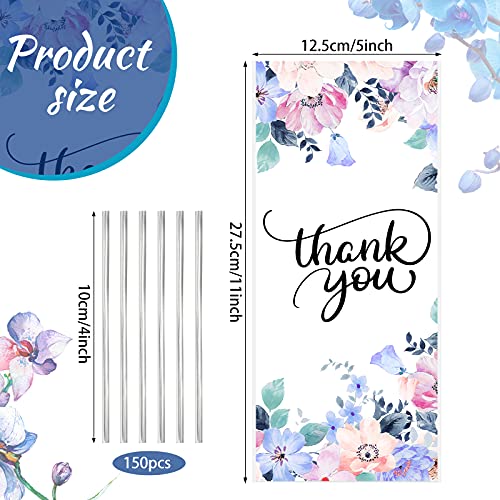 100 Pieces Floral Thank You Treat Bags Floral Cellophane Bags Blessing Candy Bag Flower Pattern Cello Treat Bags with 150 Pieces Silvery Twist Ties for Chocolate Candy Snacks Cookies Birthday Party