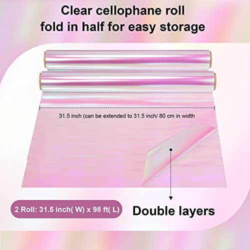 Iridescent Cellophane Wrap Roll Paper 31.5 Inch Wide Rainbow Wrapping Film for DIY Wrapping Birthday Holiday Halloween Christmas Gift Decoration Supplies