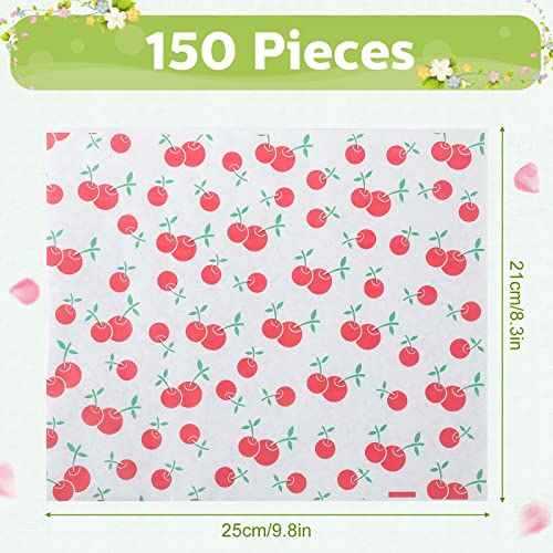 150 Pieces Valentine's Day Wax Paper Sheets Food Wrap Paper Grease Resistant Paper Liners Valentine's Day Theme Waterproof Wrapping Tissue Food Picnic Paper for Home Kitchen (Cherry)