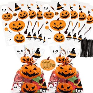 AnapoliZ Halloween Treat Bags | 100 pcs (6” x 9” Inch) |2.5 Mil Crystal Clear Cellophane Bags with Halloween Designs | Pumpkins, Witches Cello Bags | Halloween Party Decorations, Spooky Treat Bags