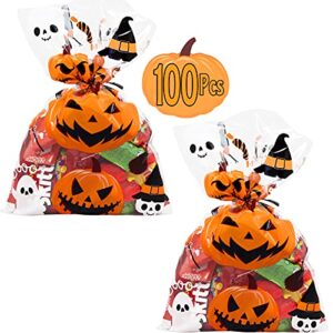 AnapoliZ Halloween Treat Bags | 100 pcs (6” x 9” Inch) |2.5 Mil Crystal Clear Cellophane Bags with Halloween Designs | Pumpkins, Witches Cello Bags | Halloween Party Decorations, Spooky Treat Bags