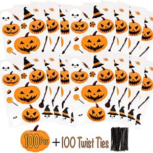 AnapoliZ Halloween Treat Bags | 100 pcs (6” x 9” Inch) |2.5 Mil Crystal Clear Cellophane Bags with Halloween Designs | Pumpkins, Witches Cello Bags | Halloween Party Decorations, Spooky Treat Bags