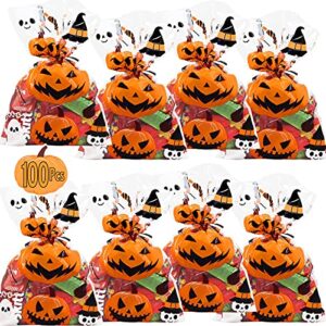 AnapoliZ Halloween Treat Bags | 100 pcs (6” x 9” Inch) |2.5 Mil Crystal Clear Cellophane Bags with Halloween Designs | Pumpkins, Witches Cello Bags | Halloween Party Decorations, Spooky Treat Bags