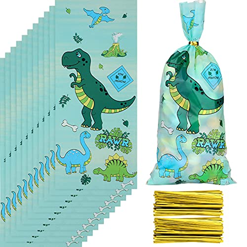 Fulmoon 100 Pieces Dinosaur Cellophane Bags Party Candy Dino Theme Birthday Goodie Treat with 150 Twist Ties for Supplies, 5 x 11 Inches, 250 Piece Set