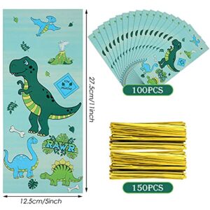 Fulmoon 100 Pieces Dinosaur Cellophane Bags Party Candy Dino Theme Birthday Goodie Treat with 150 Twist Ties for Supplies, 5 x 11 Inches, 250 Piece Set