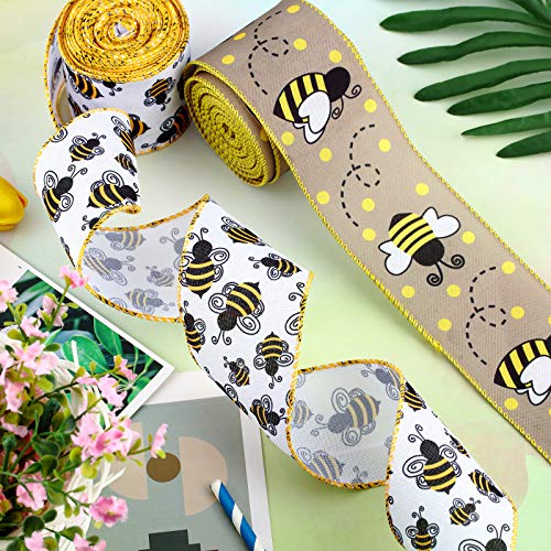 2 Rolls 20 Yards Bee Wired Edge Ribbons Honeybee Canvas Wired Edge Ribbons Black Yellow Wired Edge Ribbon for DIY Craft Wrapping Floral Hanging Ornaments, 2 Styles