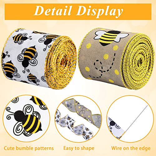 2 Rolls 20 Yards Bee Wired Edge Ribbons Honeybee Canvas Wired Edge Ribbons Black Yellow Wired Edge Ribbon for DIY Craft Wrapping Floral Hanging Ornaments, 2 Styles