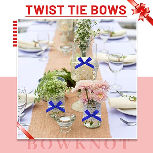 200 Pcs Twist Tie Bows Satin Ribbon 2.6'' DIY Bows for Treat Bags Mini Bows for Crafts Gift Wrapping Bows for Candy Bags, Christmas, Wedding, Party Present Decoration (Royal Blue)