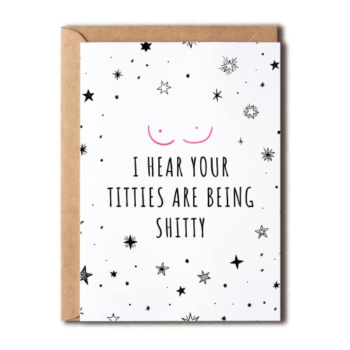 KrysDesigns Titties Are Being Shitty Card Breast Cancer Card - Breast Cancer Gift - I Hear Your Titties Are Being Shitty - Funny Breast Cancer Card For Friend, 5 x 7 inches