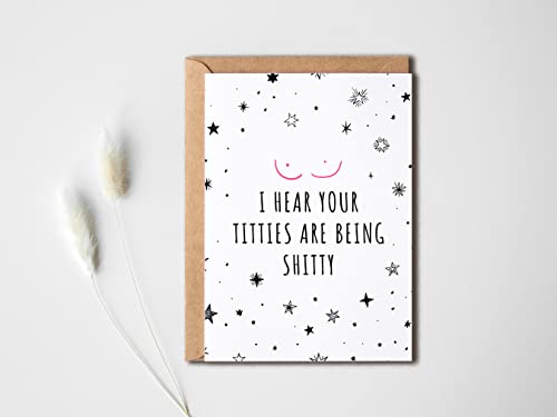 KrysDesigns Titties Are Being Shitty Card Breast Cancer Card - Breast Cancer Gift - I Hear Your Titties Are Being Shitty - Funny Breast Cancer Card For Friend, 5 x 7 inches