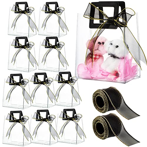 10 Pcs Clear Gift Bags with Handles Gift Bag with Bow Ribbon Transparent PVC Heavy Duty Gift Bag Reusable Gift Wrap Bags for Bridal Party Baby Shower Wedding Birthday Goody Bag, 7 x 4 x 8 Inch