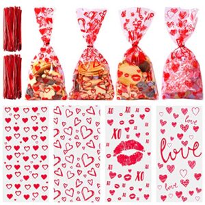 aneco 100 pack valentine cellophane bags valentine’s day candy cookie bags 4 styles valentine gift bags plastic clear cellophane bags with twist ties for valentine party favor supplies