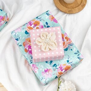 LeZakaa Reversible Floral Wrapping Paper Jumbo Roll - Flower in Blue & White Dot in Pink - 24 inches x 100 Feet (200 sq.ft.)