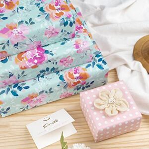 LeZakaa Reversible Floral Wrapping Paper Jumbo Roll - Flower in Blue & White Dot in Pink - 24 inches x 100 Feet (200 sq.ft.)