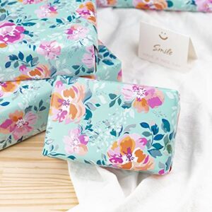 LeZakaa Reversible Floral Wrapping Paper Jumbo Roll - Flower in Blue & White Dot in Pink - 24 inches x 100 Feet (200 sq.ft.)