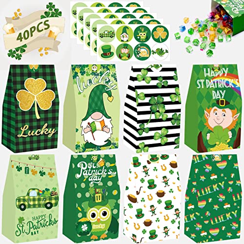 FEBSNOW St Patrick's Day Gift Bags, 40 Pack Shamrock Candy Treat Goodie Bags Lucky Clover Kraft Paper Bags Small St Patrick's Day Gift Bags for Kids Party Favor Bags