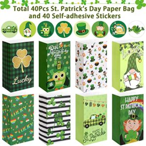 FEBSNOW St Patrick's Day Gift Bags, 40 Pack Shamrock Candy Treat Goodie Bags Lucky Clover Kraft Paper Bags Small St Patrick's Day Gift Bags for Kids Party Favor Bags