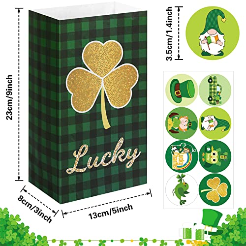 FEBSNOW St Patrick's Day Gift Bags, 40 Pack Shamrock Candy Treat Goodie Bags Lucky Clover Kraft Paper Bags Small St Patrick's Day Gift Bags for Kids Party Favor Bags