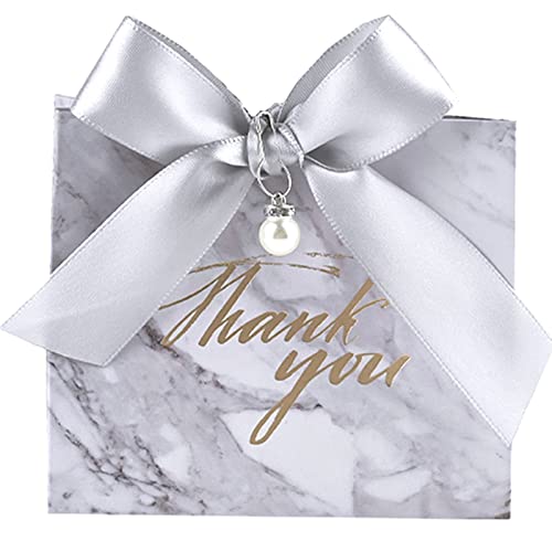 Jutieuo 50 Pack Marble Thank You Gift Bags, Small Gift boxes Bulk Party Favor Treat Bags with Silver Bow Ribbons and Pearl Pendants for Wedding Baby Shower Birthday Party Supplies