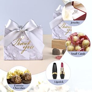 Jutieuo 50 Pack Marble Thank You Gift Bags, Small Gift boxes Bulk Party Favor Treat Bags with Silver Bow Ribbons and Pearl Pendants for Wedding Baby Shower Birthday Party Supplies