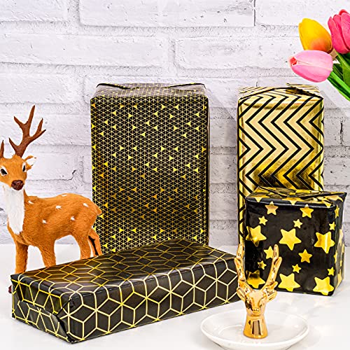 Whaline Gift Wrapping Paper Set 19.7 x 27.5 Inch Black Gold Foil Pattern Wrapping Paper 5 Designs Star Dot Wave Geometric Decorative Art Paper for Gift Packaging Birthday Graduation Craft, 10 Sheet