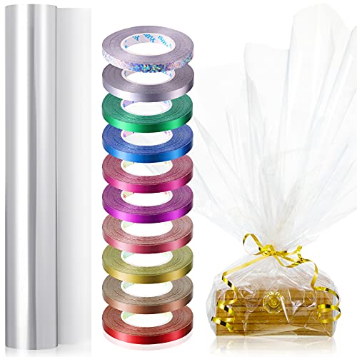 Zonon 31.5 Inch x 100 Ft Cellophane Wrap Roll Cellophane Bag Cellophane Basket Wrap with 10 Rolls Colorful Curling Ribbon Metallic Curling Balloon Ribbon for Flowers Baskets Handicraft Crafts (Clear)