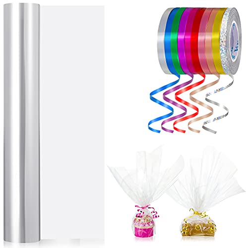 Zonon 31.5 Inch x 100 Ft Cellophane Wrap Roll Cellophane Bag Cellophane Basket Wrap with 10 Rolls Colorful Curling Ribbon Metallic Curling Balloon Ribbon for Flowers Baskets Handicraft Crafts (Clear)