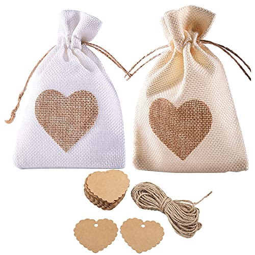 Burlap Bags, 40 Packs 4"x6" Heart Burlap Bag with DIY Tag Drawstring Gift Bags Candy Pouches Linen Gift Pockets for Valentine's Day Wedding Easter Christmas Halloween Thanksgivings New Year