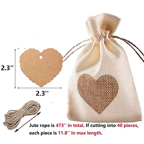 Burlap Bags, 40 Packs 4"x6" Heart Burlap Bag with DIY Tag Drawstring Gift Bags Candy Pouches Linen Gift Pockets for Valentine's Day Wedding Easter Christmas Halloween Thanksgivings New Year