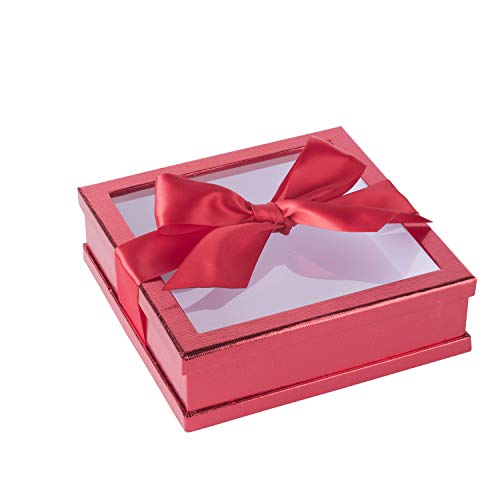 Hammont Clear Window Gift Boxes (3 Pack) Multipurpose Bakery Boxes with Ribbon | Treat Boxes Perfect for Party Favors, Cookies and Cupcakes (Red, 7” x 7” x 2”)