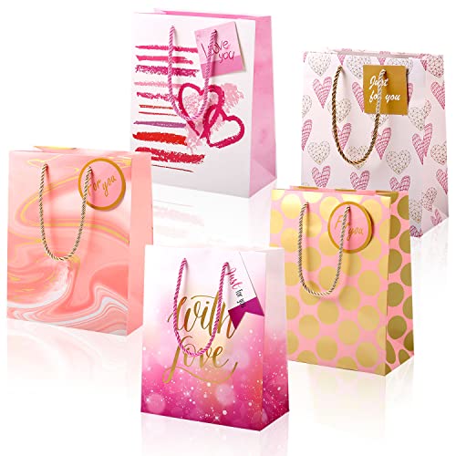 MAMUNU 5 Pack Gift Bags Medium Size, Pink paper Bag with Dot, Love, Heart Pattern, Party Favor Bags Bulk with Handles for Valentine's Day, Wedding, Mother's Day, Birthday, Anniversary, Baby Shower Goodie Bags, 9.8 x 7.9 x 3.9 Inch