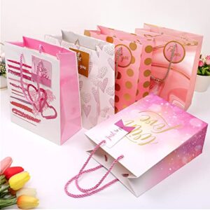 MAMUNU 5 Pack Gift Bags Medium Size, Pink paper Bag with Dot, Love, Heart Pattern, Party Favor Bags Bulk with Handles for Valentine's Day, Wedding, Mother's Day, Birthday, Anniversary, Baby Shower Goodie Bags, 9.8 x 7.9 x 3.9 Inch