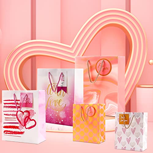 MAMUNU 5 Pack Gift Bags Medium Size, Pink paper Bag with Dot, Love, Heart Pattern, Party Favor Bags Bulk with Handles for Valentine's Day, Wedding, Mother's Day, Birthday, Anniversary, Baby Shower Goodie Bags, 9.8 x 7.9 x 3.9 Inch