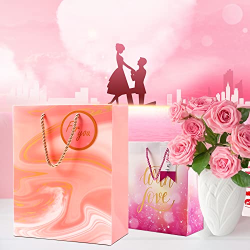 MAMUNU 5 Pack Gift Bags Medium Size, Pink paper Bag with Dot, Love, Heart Pattern, Party Favor Bags Bulk with Handles for Valentine's Day, Wedding, Mother's Day, Birthday, Anniversary, Baby Shower Goodie Bags, 9.8 x 7.9 x 3.9 Inch