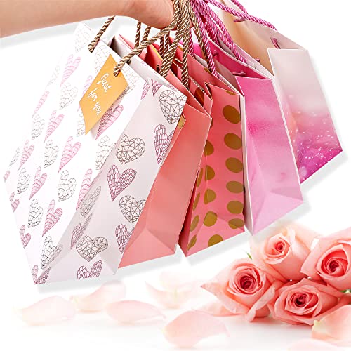 MAMUNU 5 Pack Gift Bags Medium Size, Pink paper Bag with Dot, Love, Heart Pattern, Party Favor Bags Bulk with Handles for Valentine's Day, Wedding, Mother's Day, Birthday, Anniversary, Baby Shower Goodie Bags, 9.8 x 7.9 x 3.9 Inch