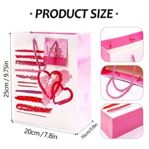 MAMUNU 5 Pack Gift Bags Medium Size, Pink paper Bag with Dot, Love, Heart Pattern, Party Favor Bags Bulk with Handles for Valentine's Day, Wedding, Mother's Day, Birthday, Anniversary, Baby Shower Goodie Bags, 9.8 x 7.9 x 3.9 Inch