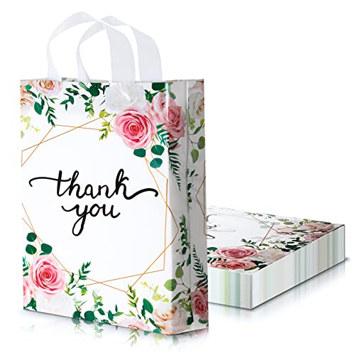 Frienda Floral Thank You Gift Bags,12 x 15 Inch Thank You retail Bags,Plastic business bags with Handle for shopping Present Wrapping,2.76 Mil Thick (50 Pieces)