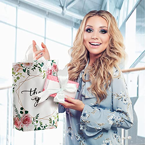 Frienda Floral Thank You Gift Bags,12 x 15 Inch Thank You retail Bags,Plastic business bags with Handle for shopping Present Wrapping,2.76 Mil Thick (50 Pieces)