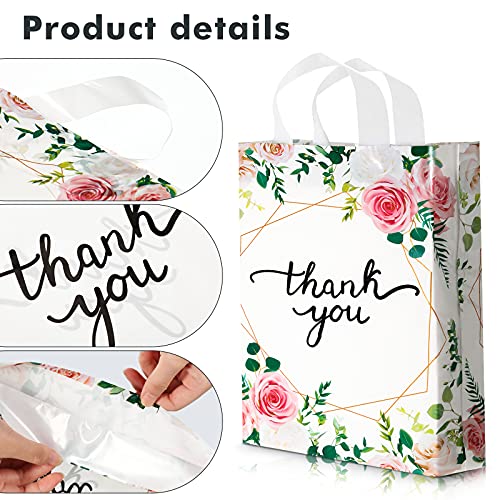 Frienda Floral Thank You Gift Bags,12 x 15 Inch Thank You retail Bags,Plastic business bags with Handle for shopping Present Wrapping,2.76 Mil Thick (50 Pieces)