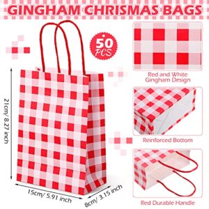 50 Pieces Gingham Kraft Paper Gift Bags with Handles Buffalo Plaid Goodies Bags Red and White Paper Bags Present Party Favor Bags for Wedding Christmas Birthday Party Supplies, 5.91 x 8.27 x 3.15 Inch