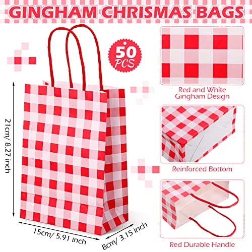 50 Pieces Gingham Kraft Paper Gift Bags with Handles Buffalo Plaid Goodies Bags Red and White Paper Bags Present Party Favor Bags for Wedding Christmas Birthday Party Supplies, 5.91 x 8.27 x 3.15 Inch