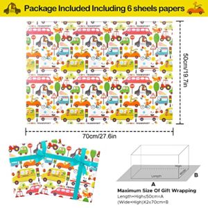 NEPOG Birthday Wrapping Paper for Kids Boys Girls, Animal Transport Design Gift Wrapping Paper, Cartoon Animals 6 Sheets Folded Flat 20x28 inches per Sheet for Birthday Baby Shower