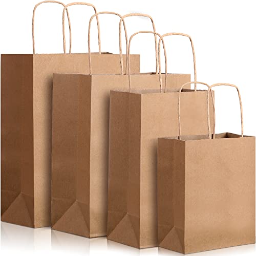 100 Pcs Kraft Paper Bags Mixed Size Gift Bags 6 x 4.5 x 2.5, 5.2 x 3.5 x 8, 10 x 5 x 13, 8 x 4.25 x 10 Inch, 25 Pcs Each, Brown Paper Bags with Handles, Shopping Bags, Merchandise Bags, Favor Bags