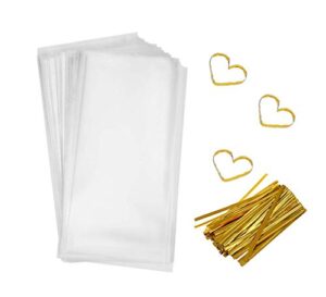 cellophane bags 200 pcs clear flat cello treat bags party favor bag for gift bakery cookies candies with 200 twist ties (4x9inch)