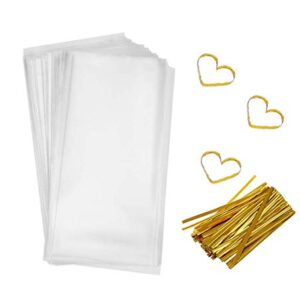 Cellophane Bags 200 PCS Clear Flat Cello Treat Bags Party Favor Bag for Gift Bakery Cookies Candies with 200 Twist Ties (4x9Inch)